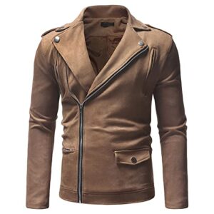 maiyifu-gj men basic suede leather motorcycle jacket casual classic side lace biker jacket slim fit asymmetric zip moto coat (khaki,large)