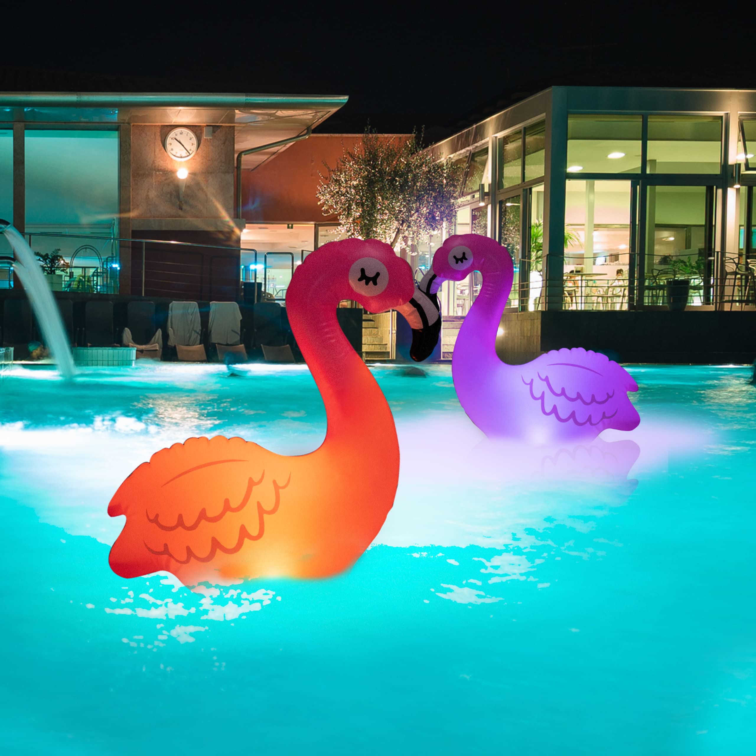 GLOW-MINGO TWINS Solar Flamingo Floating Pool Lights - 8 Hour AmbiGlow Radiance Pink Inflatable Floating Pool Lights Solar Powered - IP68 Waterproof, Heavy Duty Pool Lights that Float Decor (2Pack)