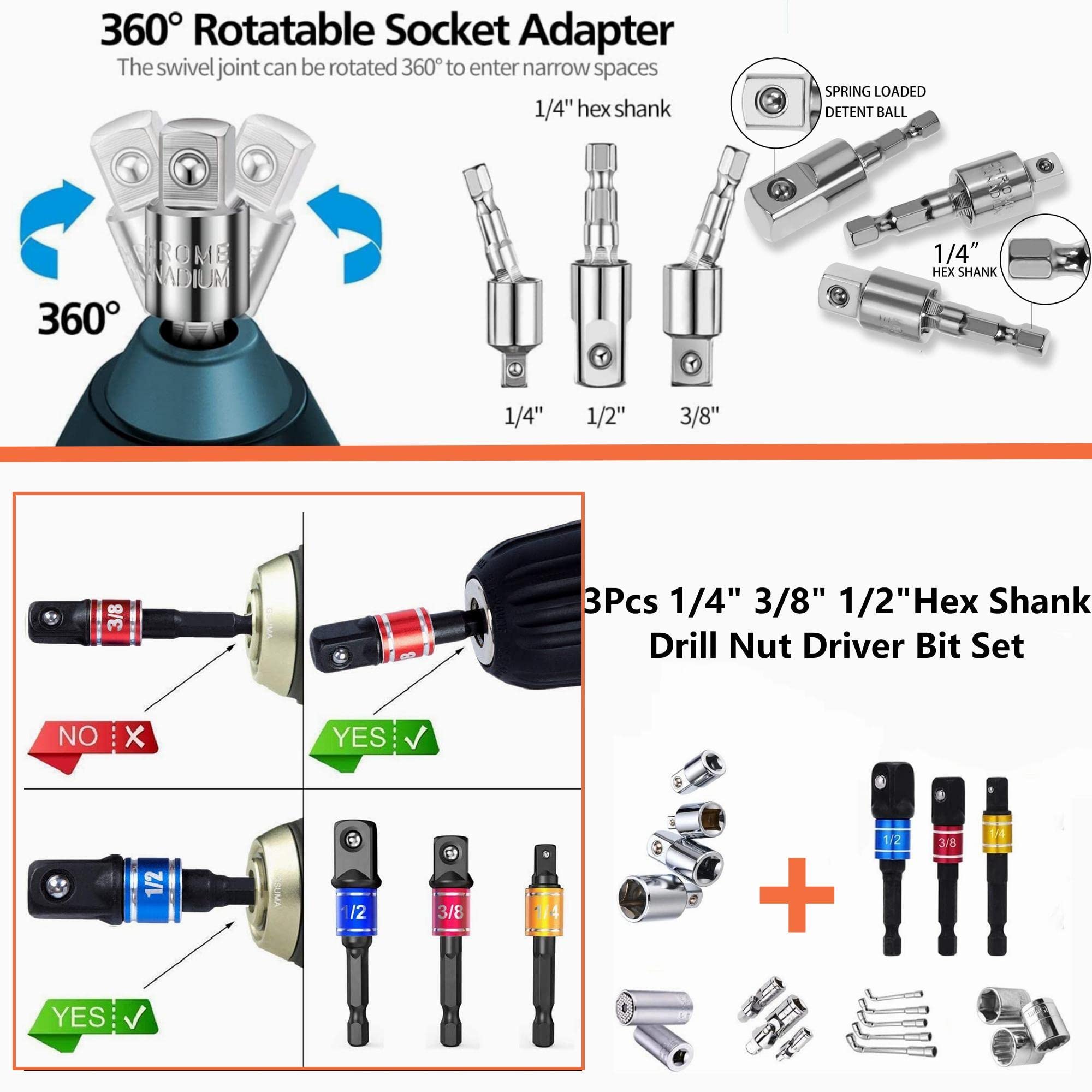 26Pcs Flexible Drill Bit Extension Set,Drill Bit Holder Extension,105° Right Angle Drill Attachmentt,1/4 3/8 1/2"Impact Driver Rotatable Socket Adapter,Bits Holder,Bendable Drill Bit Extension