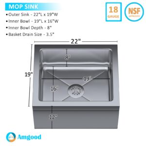 Stainless Steel Floor Mop Sink | 19" x 22" x 12" Sink | 304 Stainless Steel | NSF