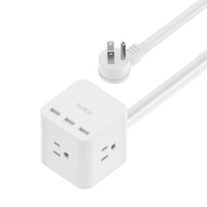 belkin 6-outlet power cube w/ 3 ac outlets, 3 usb-a ports, & 5ft sturdy extension cord - convenient compact cube for home, office, travel, desktop, & phone charger - 4.5 amps