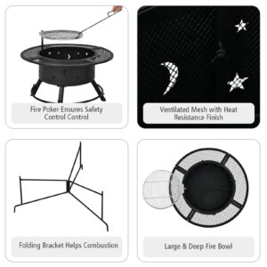 Giantex 2-in-1 Fire Pit with Cooking Grate, 32 Inch Charcoal & Wood Burning Firepit with Swivel Adjustable BBQ Grill & 6.5'' Round Edge Widened Grate, Outdoor Firepit Grill Combo