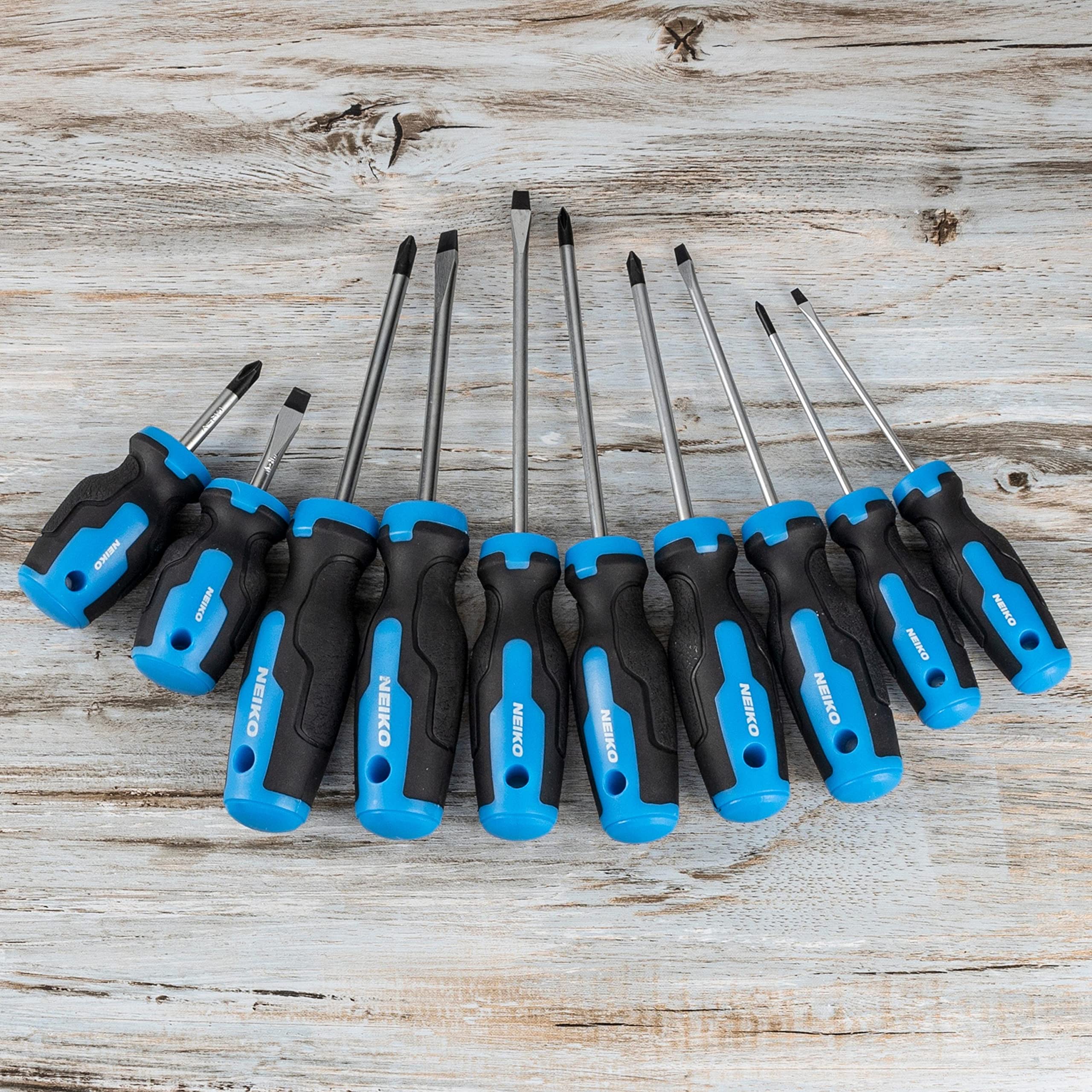 NEIKO 01378A Magnetic Screwdriver Set | 10 Piece | Phillips & Flathead | Heat Treated Chrome Vanadium Steel | Slotted Head Tip with Non-Slip Cushioned Handle Grips | Small Screw Driver Tool Kit