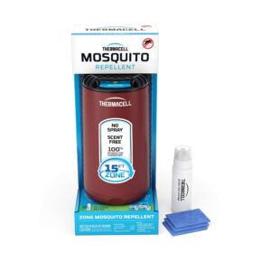 thermacell mosquito repeller patio shield; includes 12-hour refill; highly effective mosquito repellent for patio; bug spray alternative; scent free; no candles or flames