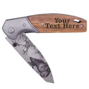 custom engraved folding pocket knife with elk blade - personalized hunting fishing gift for dad, men, him, husband - customized with name (elk - custom personalized)