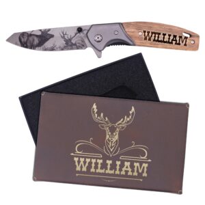 Custom Engraved Folding Pocket Knife with Elk Blade - Personalized Hunting Fishing Gift for Dad, Men, Him, Husband - Customized with Name (Elk - Custom Personalized)