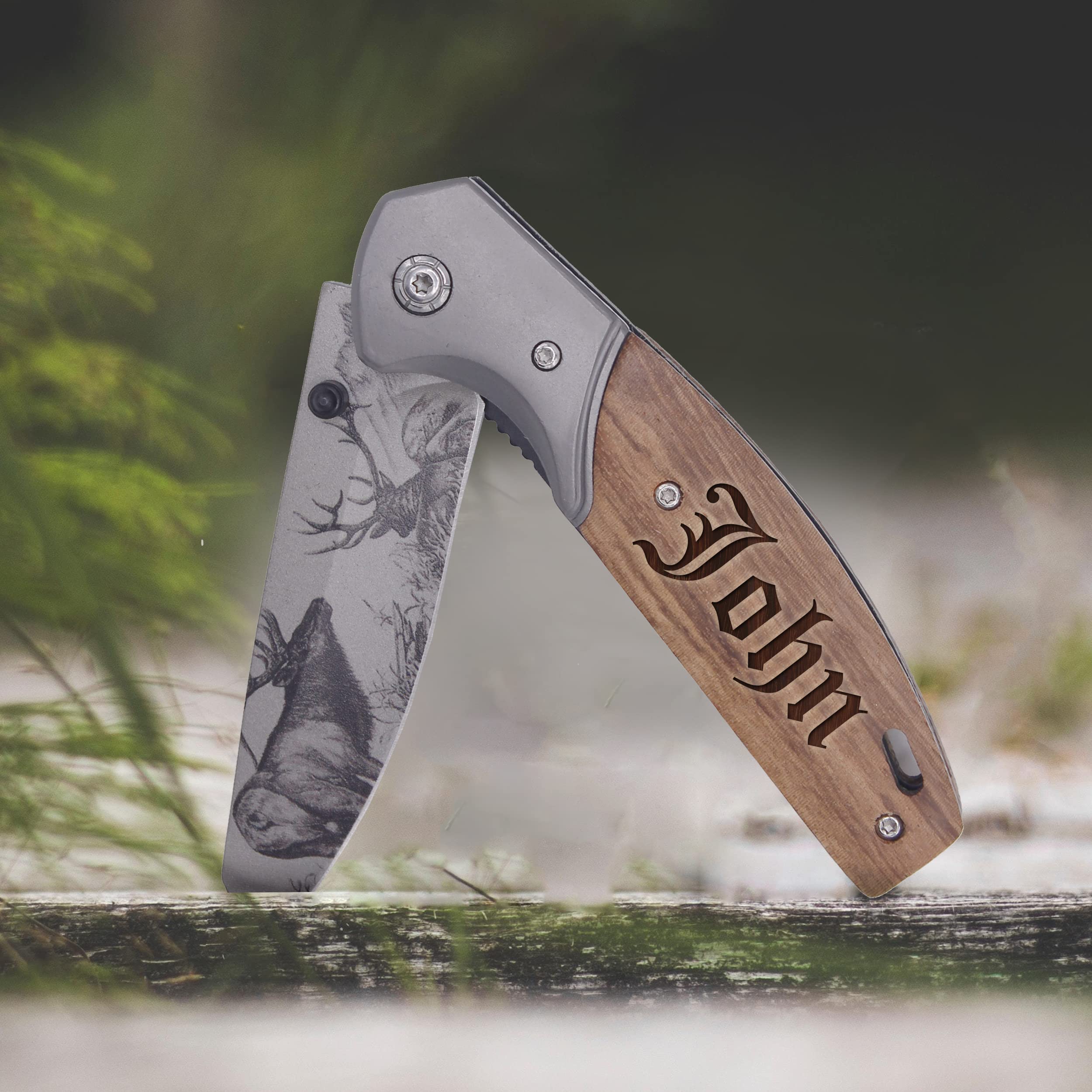 Custom Engraved Folding Pocket Knife with Elk Blade - Personalized Hunting Fishing Gift for Dad, Men, Him, Husband - Customized with Name (Elk - Custom Personalized)