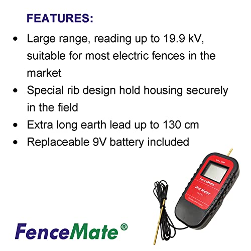 FenceMate Digital Volt Meter for Electric Fence, Range up to 19,900 V (19.9 kV), Fence Voltage Tester with Large LCD Display, Automatic On/Off, Grounding & 9V Battery Included