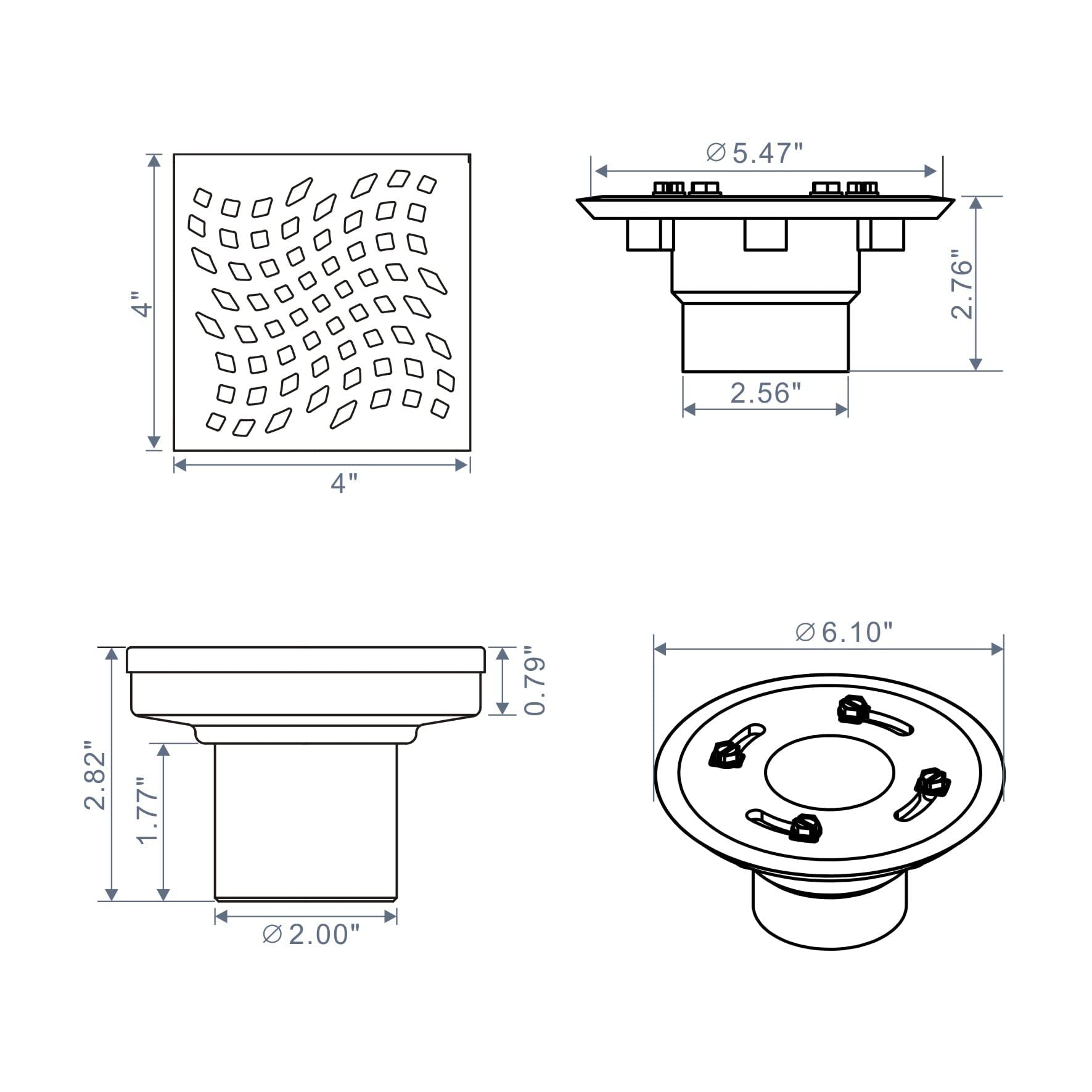 Matte Black Shower Drain with Flange, HIDROP SUS 304 Stainless Steel 4 inch Square Shower Floor Drain with Removable Hair Strainer