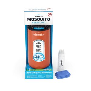 thermacell mosquito repeller patio shield; includes 12-hour refill; highly effective mosquito repellent for patio; bug spray alternative; scent free; no candles or flames