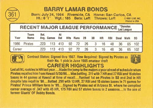 1987 Donruss Baseball #361 Barry Bonds Rookie Card