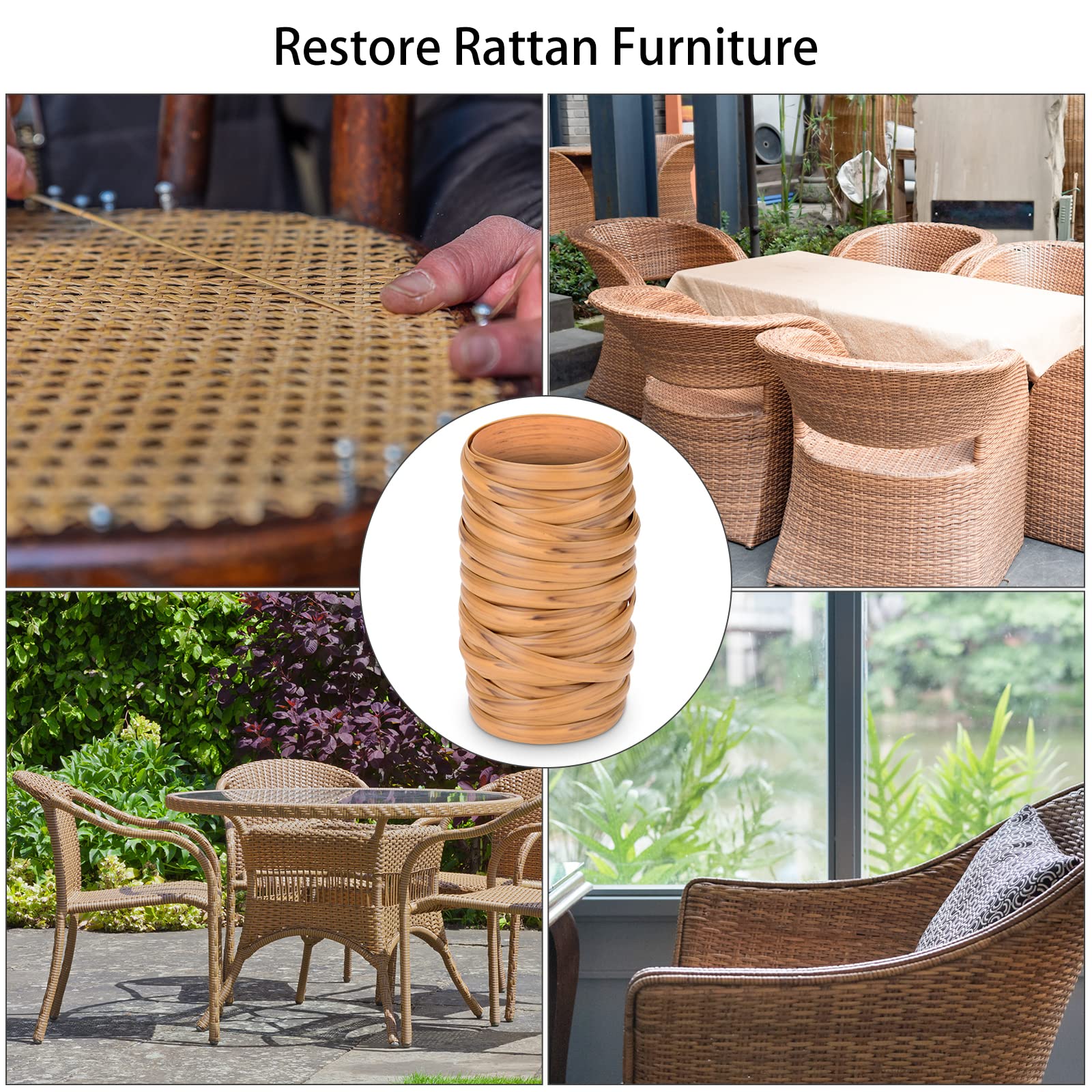 Feyart 7mm 80m Light Wood Grain PE Rattan Strip for Outdoor Rattan Furniture Repair, Plastic Wicker for Patio Furniture Restore