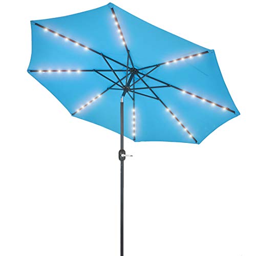 Patio Watcher 11-Ft Patio Umbrella 40 LED Lighted Solar Umbrella with Push Button Tilt and Crank, Outdoor Umbrella 8 Steel Ribs, Blue