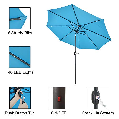 Patio Watcher 11-Ft Patio Umbrella 40 LED Lighted Solar Umbrella with Push Button Tilt and Crank, Outdoor Umbrella 8 Steel Ribs, Blue