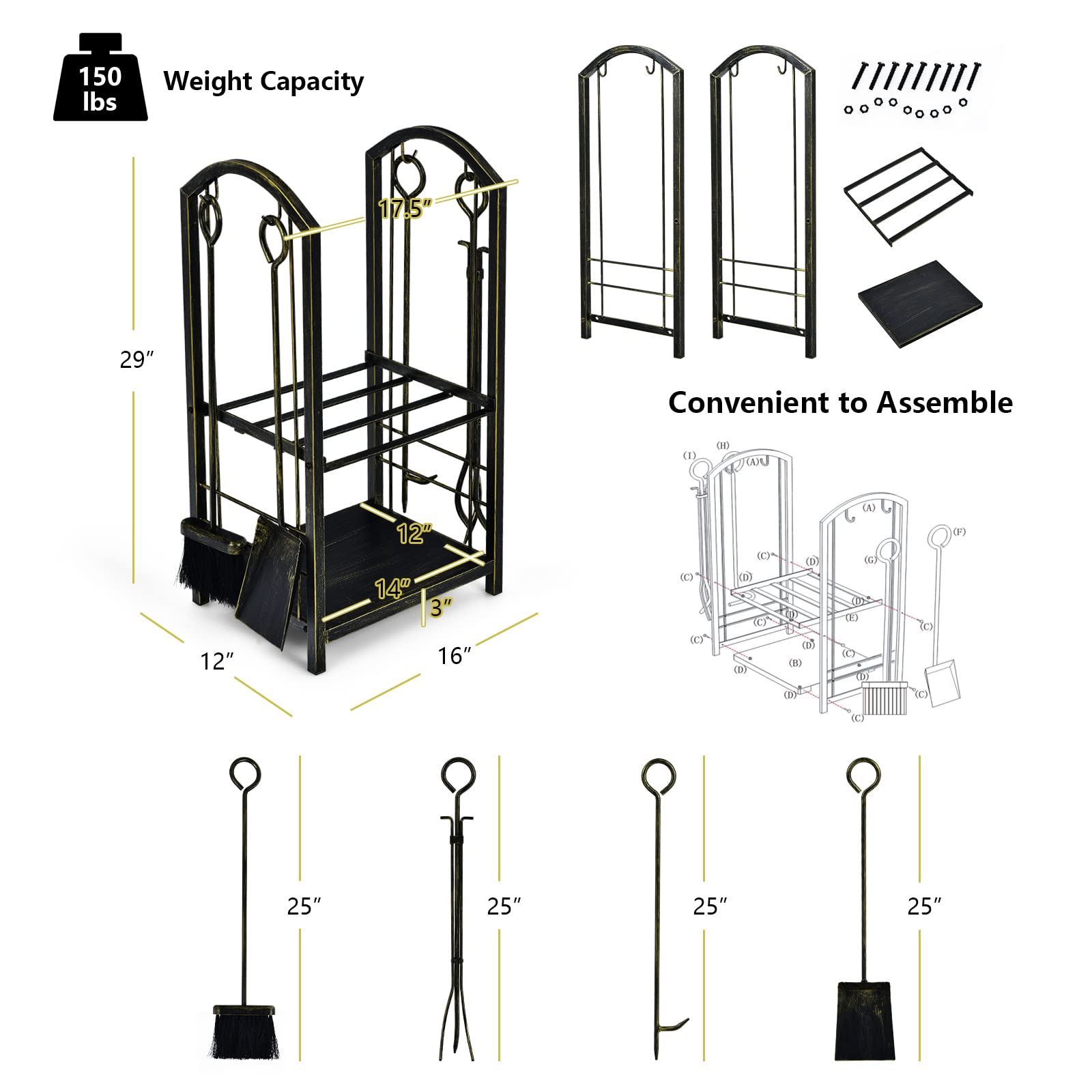 Tangkula Firewood Rack with 4 Fireplace Tools, Firewood Rack Bin Log Holder with Fire place Accessories Tools Set Includes Brush, Shovel, Poker, and Tongs(17.5 x 12 x 29 inches) (Bronze)