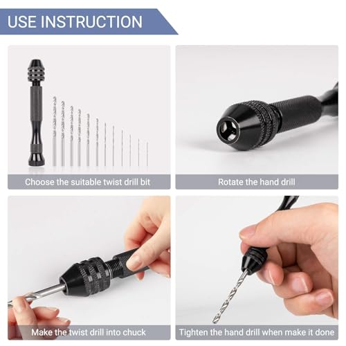 QEZEZA Hand Drill Micro Mini Drill Bits Set of 12 Pcs hand drill manual for jewelry drill, Assembling, Model Making, DIY Woodworking