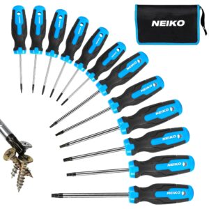 neiko 01377a magnetic torx screwdriver set | 12 piece | t5 – t40 | 6 point star head driver | heat treated chrome vanadium steel | non slip cushioned handle grip | magnet bit tip | carrying pouch