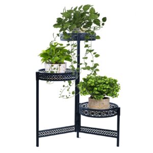 zhazhadi metal plant stand shelf indoor outdoor, 3 tier tall corner flower pot holder stands shelves for plants multiple, vertical tiered planter rack for patio, living room, balcony, black