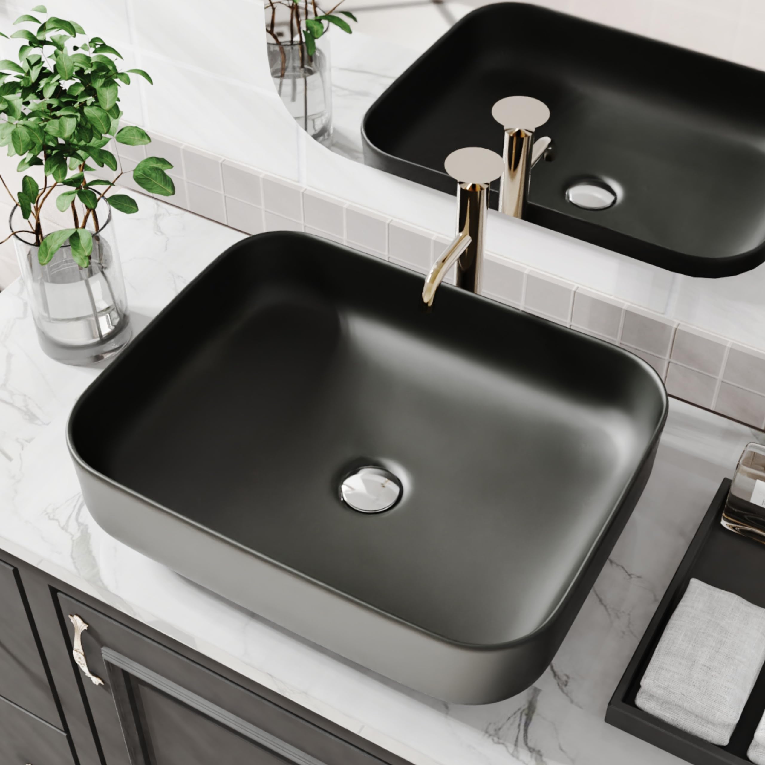 ELLAI Bathroom Vessel Sink Rectangle Bathroom Sink Bowl Above Counter Porcelain Ceramic Top Mount Rectanglar Sink Countertop Vanity Art Basin for Bathroom 19.7"x15.2"x5.4” Matte Black