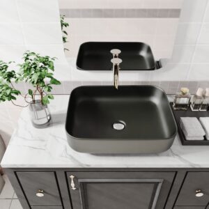 ELLAI Bathroom Vessel Sink Rectangle Bathroom Sink Bowl Above Counter Porcelain Ceramic Top Mount Rectanglar Sink Countertop Vanity Art Basin for Bathroom 19.7"x15.2"x5.4” Matte Black