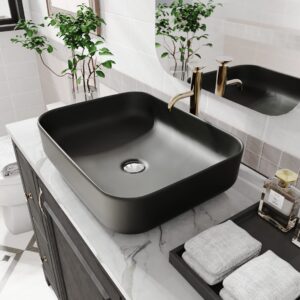 ELLAI Bathroom Vessel Sink Rectangle Bathroom Sink Bowl Above Counter Porcelain Ceramic Top Mount Rectanglar Sink Countertop Vanity Art Basin for Bathroom 19.7"x15.2"x5.4” Matte Black