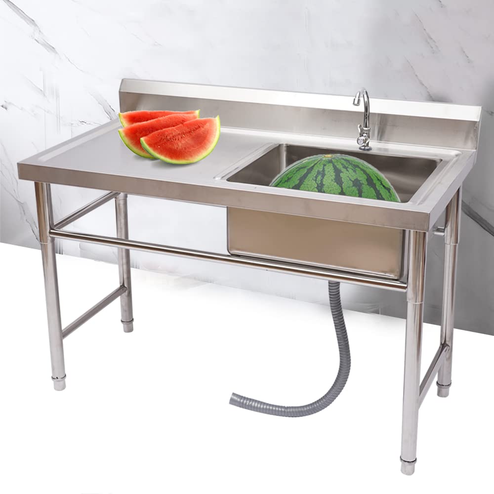 Outdoor Sink Stainless Steel Freestanding,Commercial Sink Single Bowl Restaurant Kitchen Sink with Drainboard,Kitchen Prep & Utility Sink for Indoor Outdoor Home Garage Laundry Room 47inch