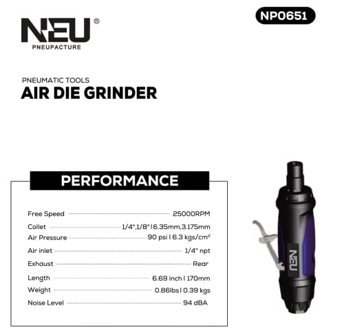 Air Die Grinder,NEU PNEUPACTURE Die Grinder Set, Air Straight Grinder Kit,with 1/4 and 1/8 inch Collets,Apply to Grinding, Polishing