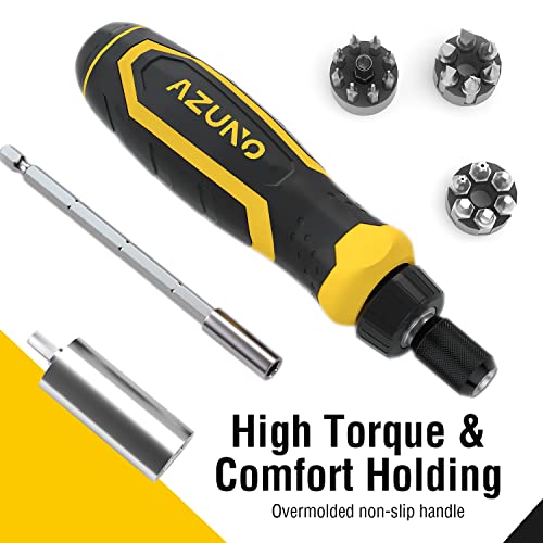 AZUNO 24 IN 1 Ratchet Screwdriver Set with Universal Socket, 20 CRV Bits Stored in Handle, 12+8 Slotted/Philips/Torx/Hex/Square Sand Blasted Bits and Chrome Plated Precision bits.