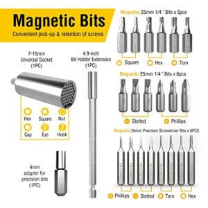 AZUNO 24 IN 1 Ratchet Screwdriver Set with Universal Socket, 20 CRV Bits Stored in Handle, 12+8 Slotted/Philips/Torx/Hex/Square Sand Blasted Bits and Chrome Plated Precision bits.