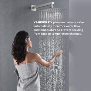 VANFOXLE 10 Inches Bathroom Luxury Rain Mixer Shower Combo Set Wall Mounted Rainfall Shower Head System Brushed Nickel Finish Shower Faucet Rough-In