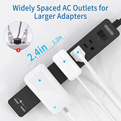 Flat Cord Power Strip with USB Bundle, NTONPOWER Flat Plug Power Strip with 15 Ft Extra Long Thin Extension Cord Under Rug, Carpet, Door, 3/4 Outlets 2 USB Charging Station for Home Office, Black