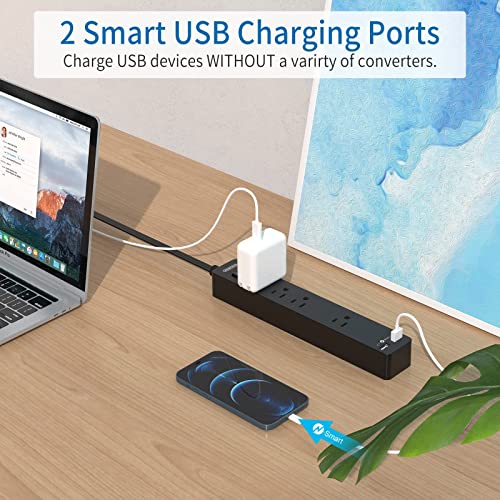 Flat Cord Power Strip with USB Bundle, NTONPOWER Flat Plug Power Strip with 15 Ft Extra Long Thin Extension Cord Under Rug, Carpet, Door, 3/4 Outlets 2 USB Charging Station for Home Office, Black