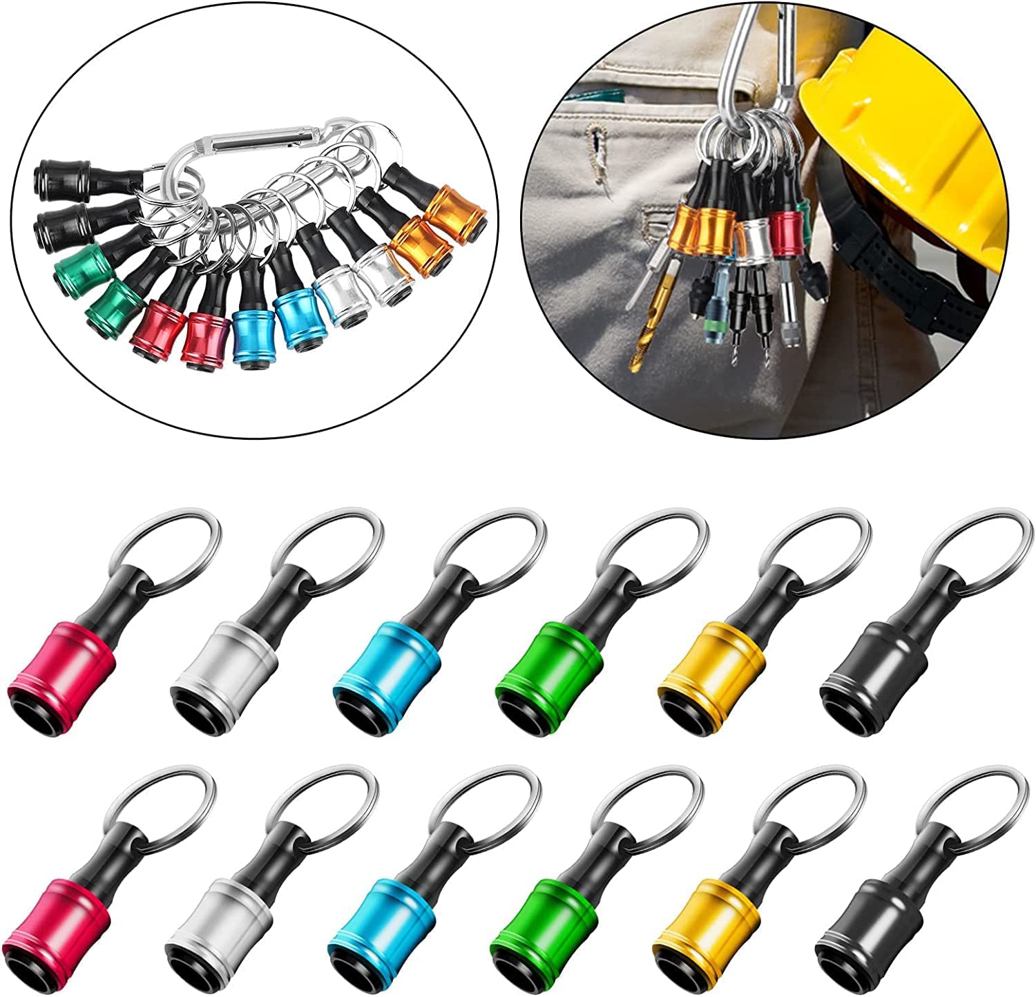 Linkstyle 12PCS 1/4 Inch Hex Shank Screwdriver Bits Holder Extension Bar Keychain Screw Adapter Drill Fast Change Portable Hand-held Bit Holder for Electric Screwdrivers and Drill Bit (6 Colors)