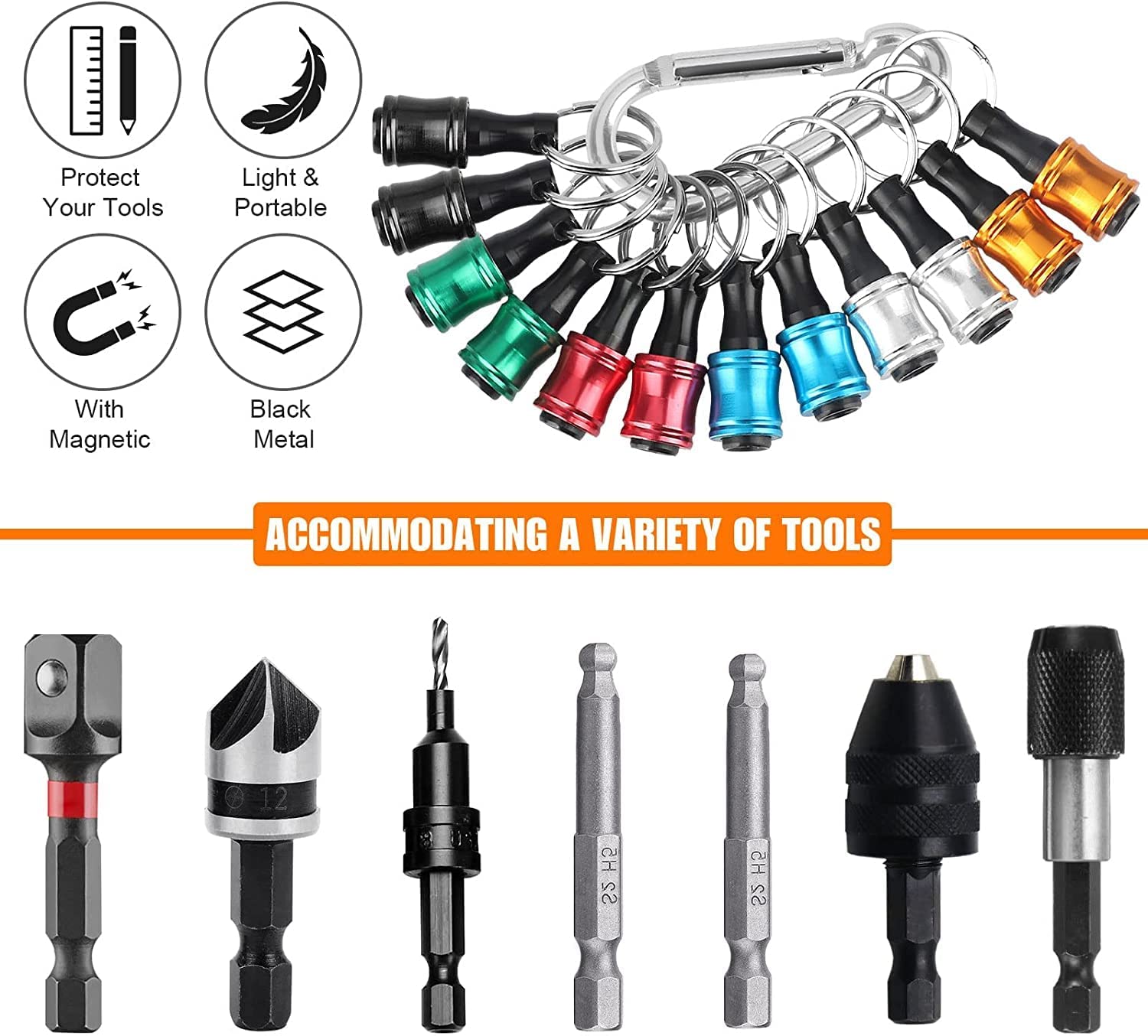 Linkstyle 12PCS 1/4 Inch Hex Shank Screwdriver Bits Holder Extension Bar Keychain Screw Adapter Drill Fast Change Portable Hand-held Bit Holder for Electric Screwdrivers and Drill Bit (6 Colors)