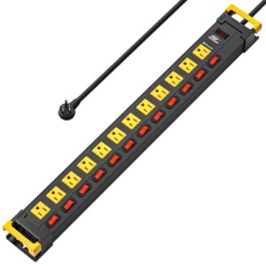 crst 12 outlets heavy duty power strip surge protector with individual switches, metal mountable power strip with cord manager, 9ft, 1020j, 15a/1875w (black+yellow) for garage, workshop, shop, home