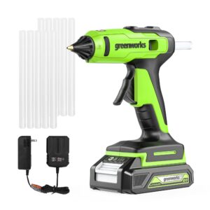 greenworks 24v cordless glue gun,2.0ah battery & charger included -1.5min fast heating,led light, drip-free nozzle, 90 min runtime, auto off for diy, arts, crafts, home decoration