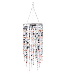 wind & weather concentric rings silver and multi-colored mirrored outdoor chandelier with solar lights powered by discreet solar panel in top with hanging chain included, 8½" dia. x 29" h, chain 9¼"l