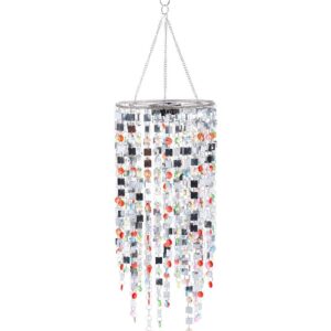 Wind & Weather Concentric Rings Silver and Multi-Colored Mirrored Outdoor Chandelier with Solar Lights Powered by Discreet Solar Panel in Top with Hanging Chain Included, 8½" Dia. x 29" H, Chain 9¼"L