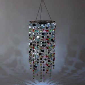 Wind & Weather Concentric Rings Silver and Multi-Colored Mirrored Outdoor Chandelier with Solar Lights Powered by Discreet Solar Panel in Top with Hanging Chain Included, 8½" Dia. x 29" H, Chain 9¼"L