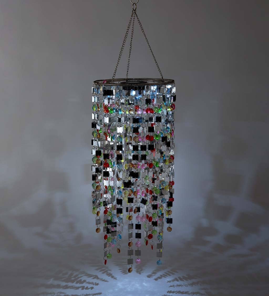 Wind & Weather Concentric Rings Silver and Multi-Colored Mirrored Outdoor Chandelier with Solar Lights Powered by Discreet Solar Panel in Top with Hanging Chain Included, 8½" Dia. x 29" H, Chain 9¼"L