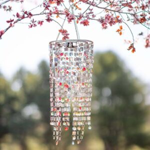 Wind & Weather Concentric Rings Silver and Multi-Colored Mirrored Outdoor Chandelier with Solar Lights Powered by Discreet Solar Panel in Top with Hanging Chain Included, 8½" Dia. x 29" H, Chain 9¼"L