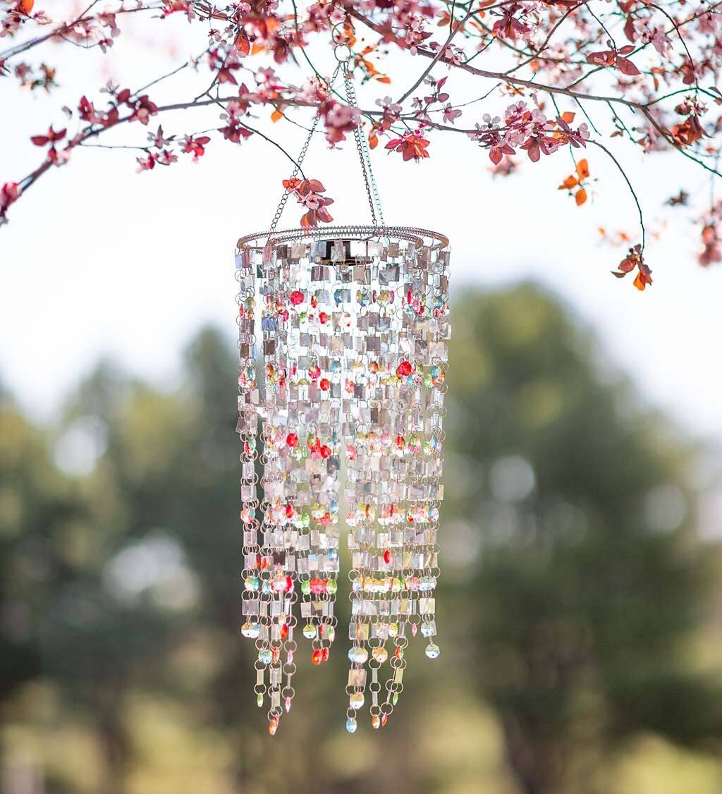 Wind & Weather Concentric Rings Silver and Multi-Colored Mirrored Outdoor Chandelier with Solar Lights Powered by Discreet Solar Panel in Top with Hanging Chain Included, 8½" Dia. x 29" H, Chain 9¼"L