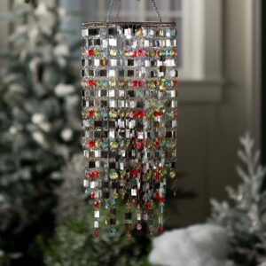 Wind & Weather Concentric Rings Silver and Multi-Colored Mirrored Outdoor Chandelier with Solar Lights Powered by Discreet Solar Panel in Top with Hanging Chain Included, 8½" Dia. x 29" H, Chain 9¼"L