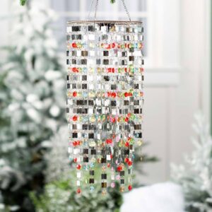 Wind & Weather Concentric Rings Silver and Multi-Colored Mirrored Outdoor Chandelier with Solar Lights Powered by Discreet Solar Panel in Top with Hanging Chain Included, 8½" Dia. x 29" H, Chain 9¼"L