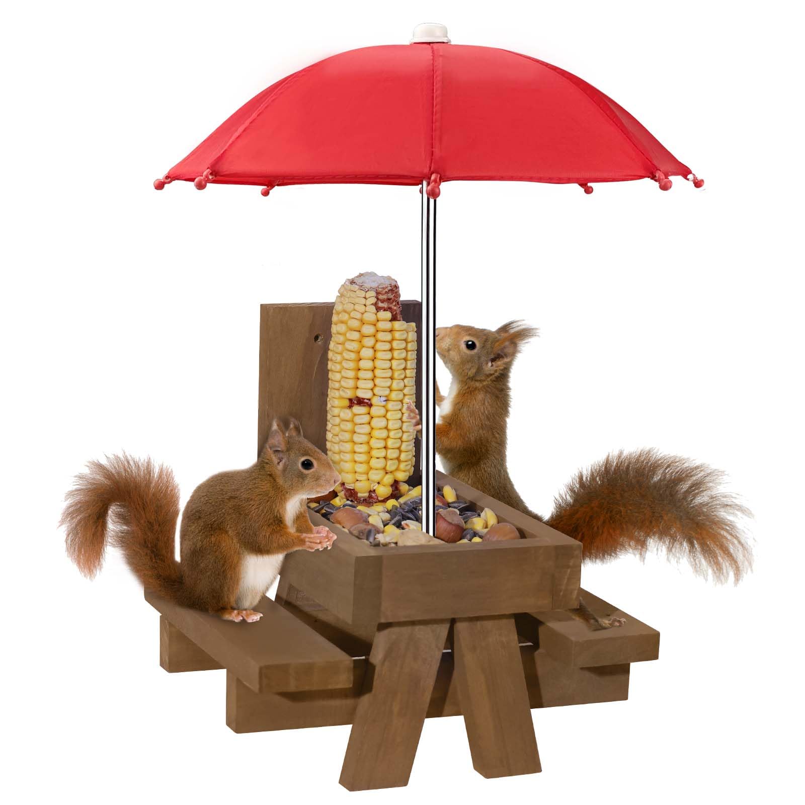 MIXXIDEA Wooden Squirrel Picnic Table Feeder, Durable Squirrel Feeders for Outside with Solid Structure Chipmunk Feeder with Corn Cob Holder and 2 X Thick Benches - Brown