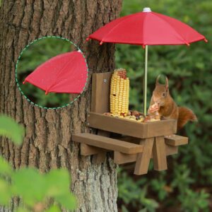 MIXXIDEA Wooden Squirrel Picnic Table Feeder, Durable Squirrel Feeders for Outside with Solid Structure Chipmunk Feeder with Corn Cob Holder and 2 X Thick Benches - Brown