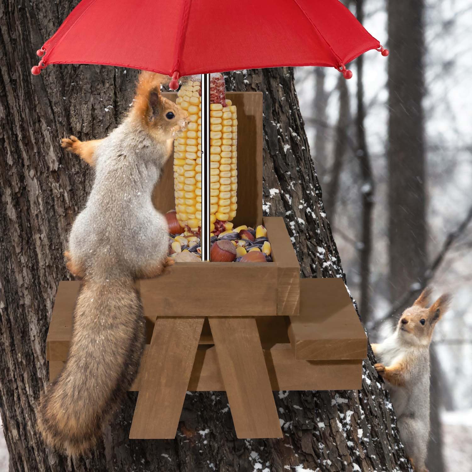 MIXXIDEA Wooden Squirrel Picnic Table Feeder, Durable Squirrel Feeders for Outside with Solid Structure Chipmunk Feeder with Corn Cob Holder and 2 X Thick Benches - Brown