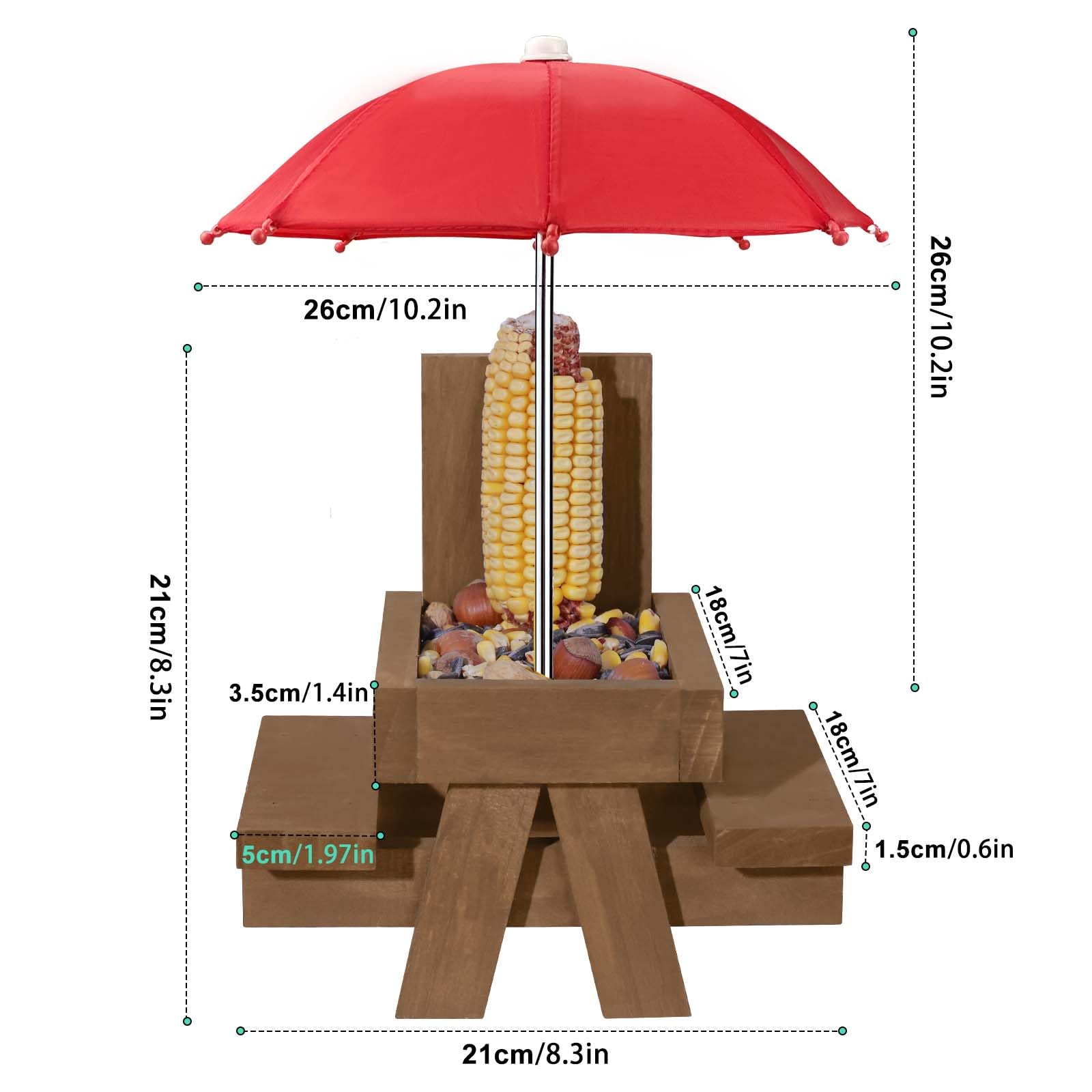 MIXXIDEA Wooden Squirrel Picnic Table Feeder, Durable Squirrel Feeders for Outside with Solid Structure Chipmunk Feeder with Corn Cob Holder and 2 X Thick Benches - Brown