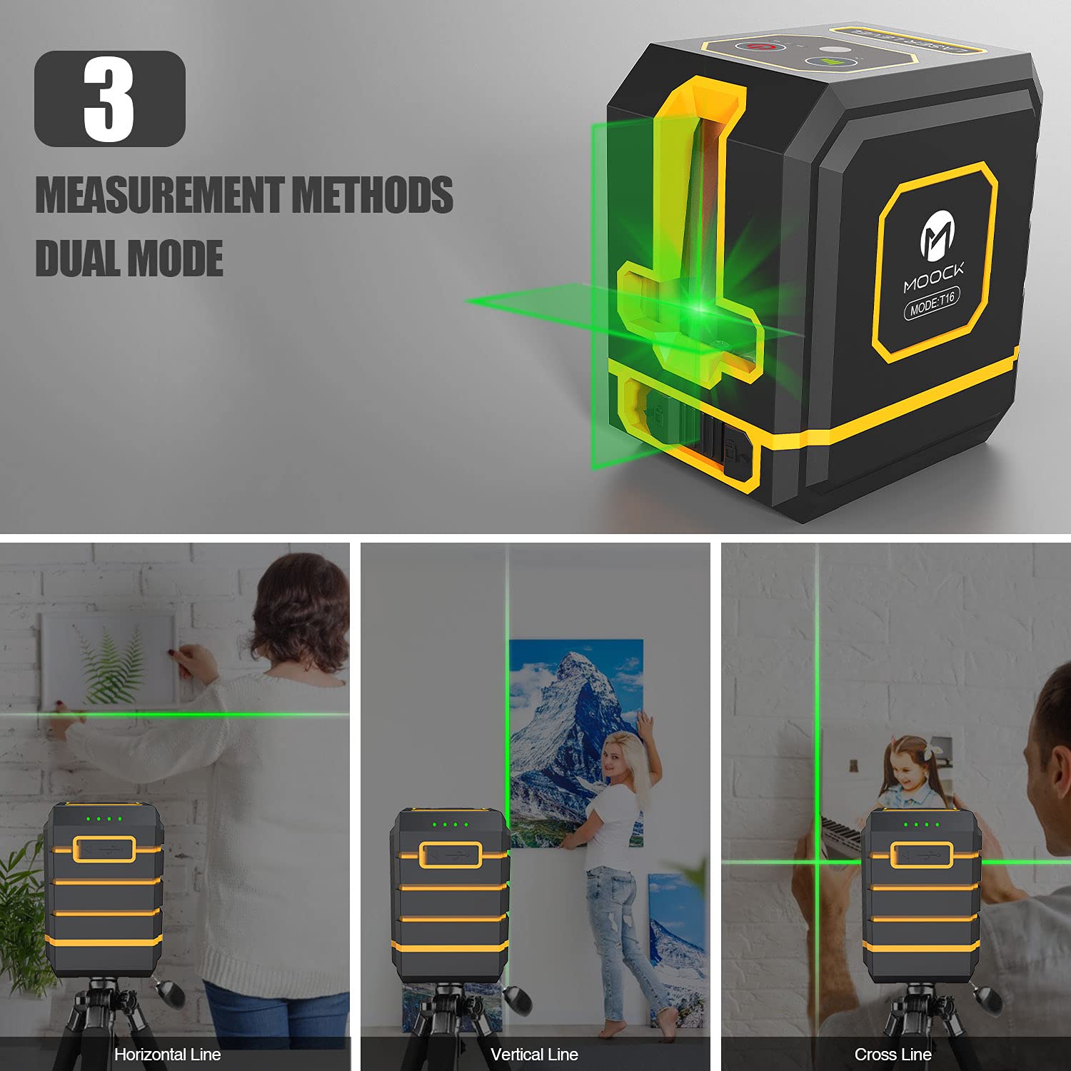 MOOCK Laser Level with Self Leveling & Manual Mode, 100ft High Visibility Green Beam Lazer Leveler Tool Horizontal, Vertical, Cross Line Laser for Picture Hanging, Construction, 360° Magnetic Base