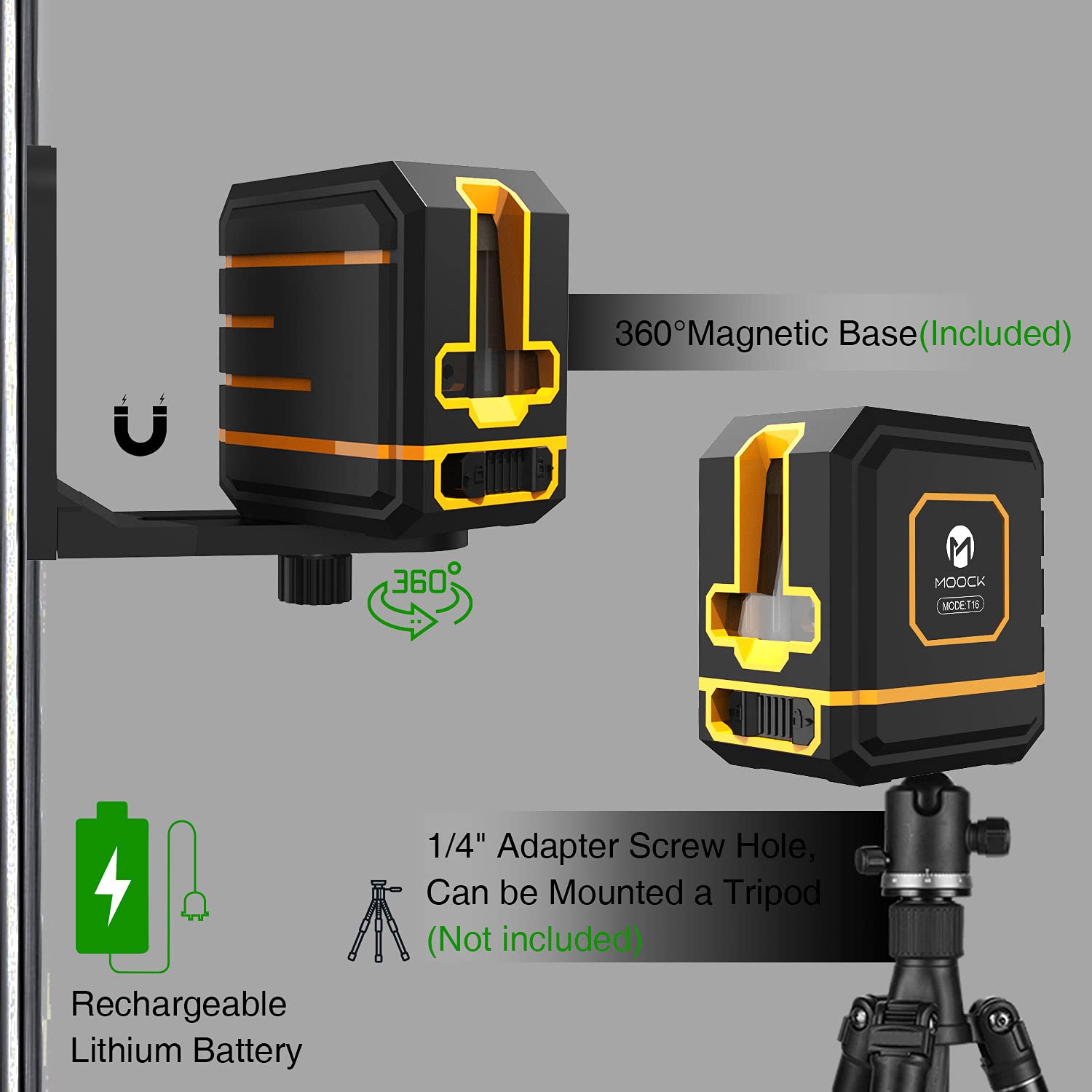 MOOCK Laser Level with Self Leveling & Manual Mode, 100ft High Visibility Green Beam Lazer Leveler Tool Horizontal, Vertical, Cross Line Laser for Picture Hanging, Construction, 360° Magnetic Base